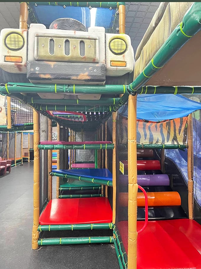 The multi-level jungle gym transforms ordinary kids into intrepid explorers, complete with a safari jeep that never runs out of gas.