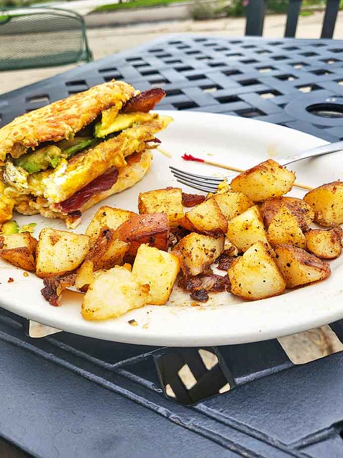A breakfast sandwich and crispy potatoes that would make even your most health-conscious friend say, "Worth it!"