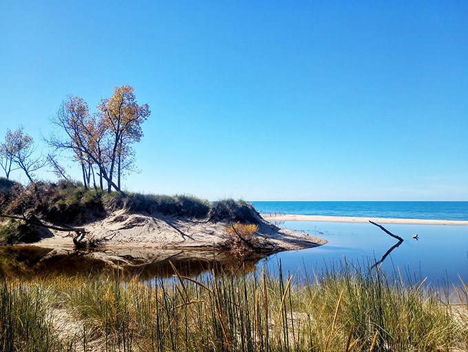 Lake Michigan masquerading as an ocean with its endless horizon and waters shifting between turquoise and deep blue.