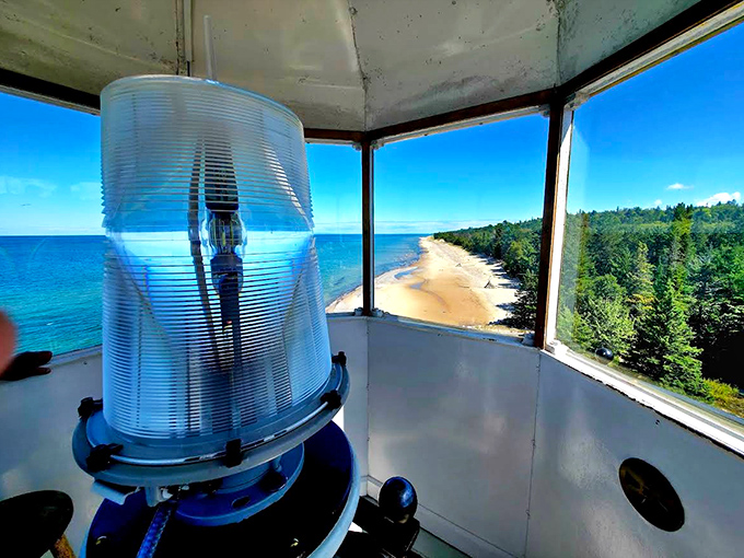 Inside the lantern room, the modern LED beacon may lack its predecessor's complexity but continues the lighthouse's century-old mission of safe passage.