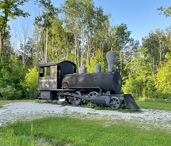 All aboard the nostalgia express! This vintage Lobdell & Emery locomotive sits permanently stationed, no ticket required for a journey into Michigan's industrial history.