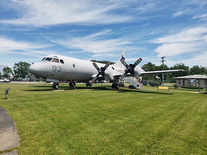 This massive P-3 Orion submarine hunter rests its weary wings after decades of scanning oceans for underwater threats, now peacefully landlocked in Michigan.