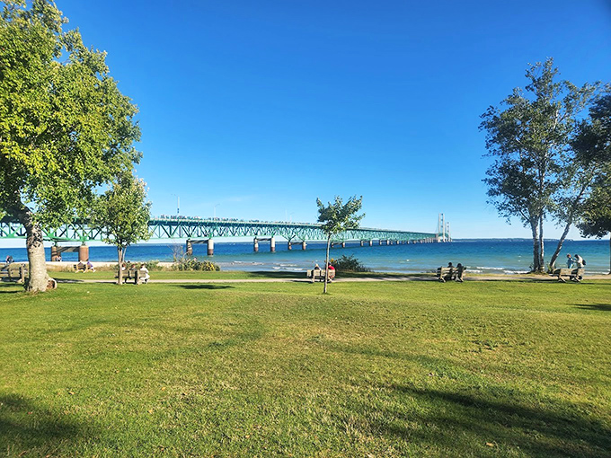 Bridge View Park offers families the perfect vantage point to appreciate the Mackinac Bridge's majestic scale against Michigan's summer sky.