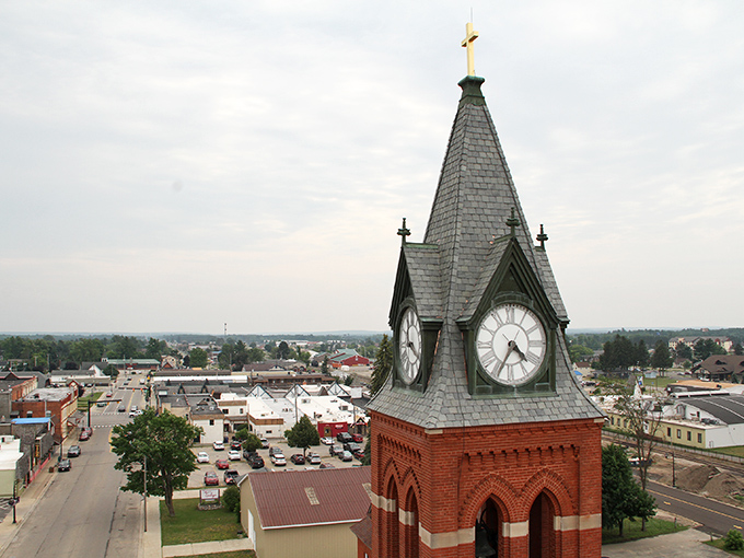 Mount Carmel's historic clock tower watches over Gaylord like a punctual guardian, telling both time and tales of the town's past.