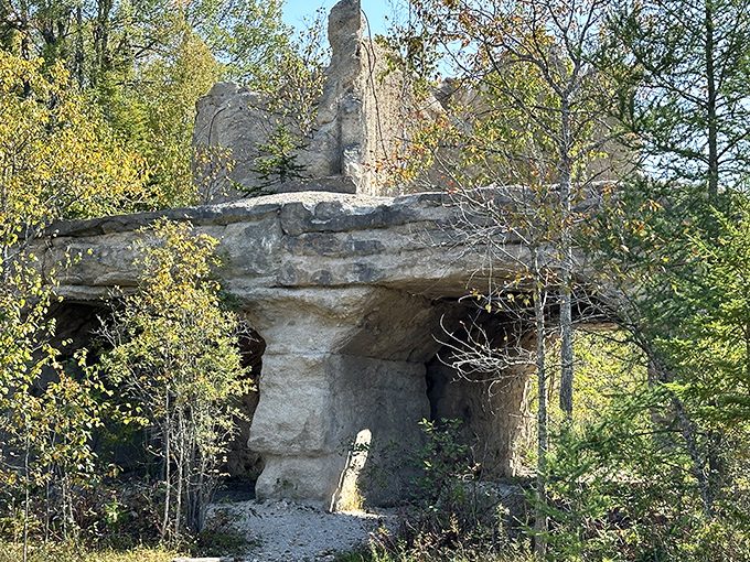 Mother Nature's slow-motion reclamation project continues as sunlight plays across the quarry's weathered face, highlighting textures carved by both humans and time.