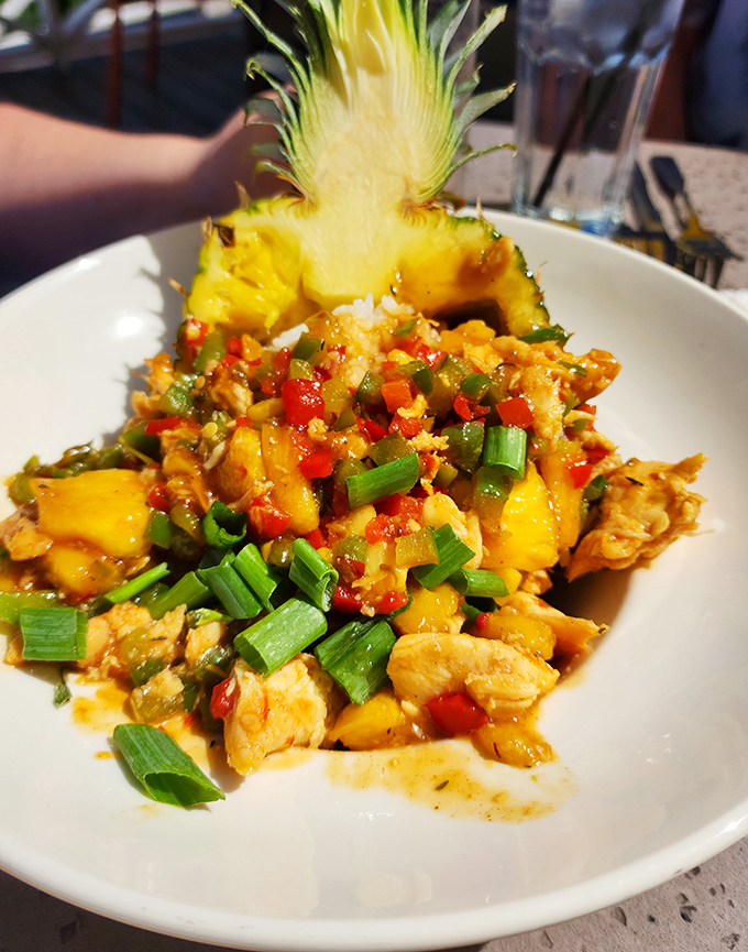 The Jerk Chicken Pineapple Bowl isn't just a meal, it's edible tropical real estate with the presentation stealing the show.