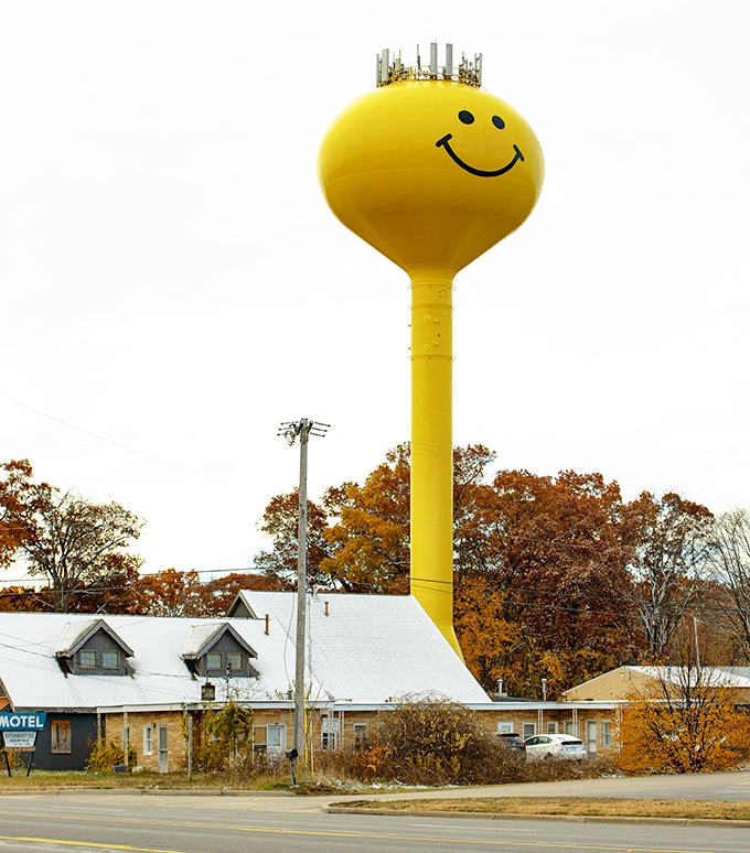 Against autumn foliage, the tower creates a perfect Michigan postcard &ndash; utility infrastructure that somehow manages to be downright charming.