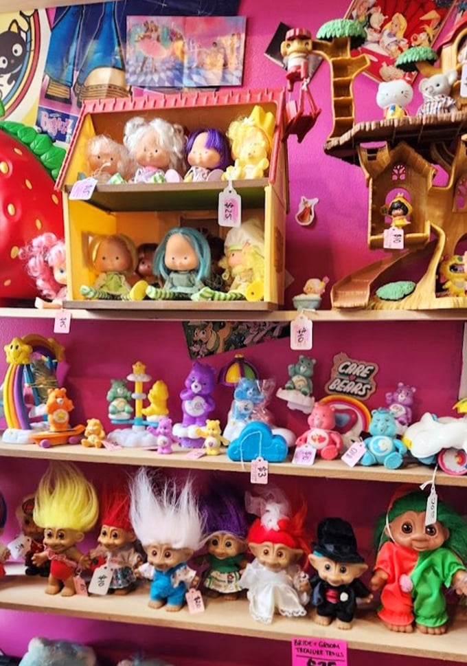 Pink walls showcase a rainbow of childhood dreams &ndash; from Care Bears to Strawberry Shortcake, these weren't just toys but tiny ambassadors of kindness and friendship.
