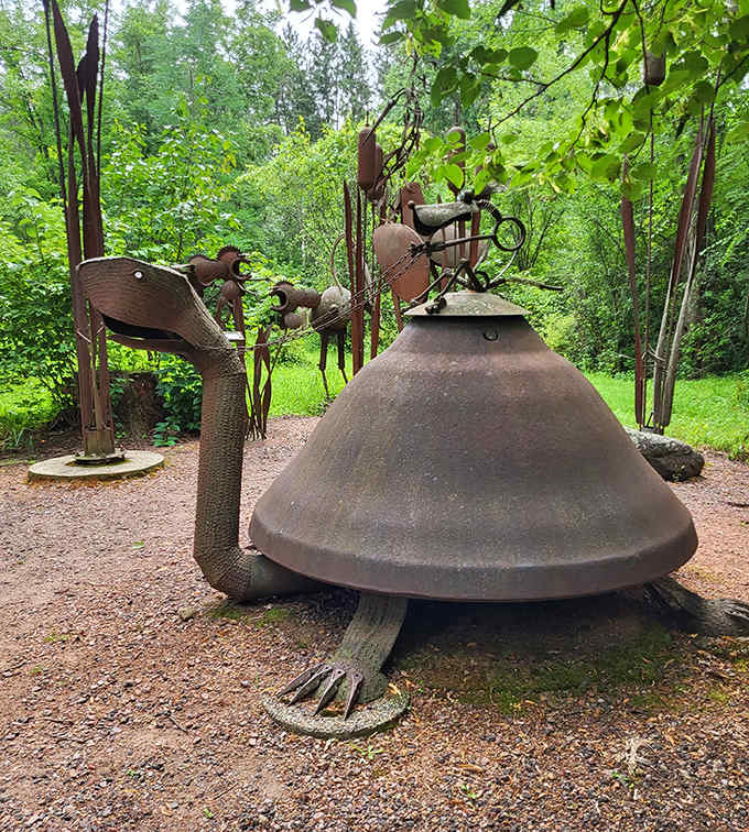 This metallic turtle seems to have been wandering these grounds for centuries, its shell a masterpiece of repurposed materials.