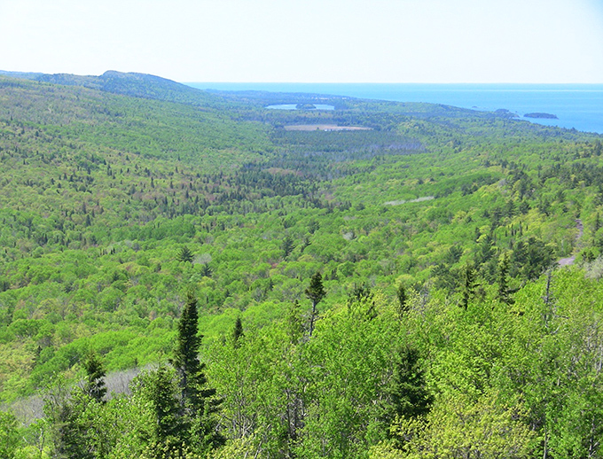 The western vista unfolds like a living topographical map, where forests, lakes, and distant shores create a wilderness symphony.
