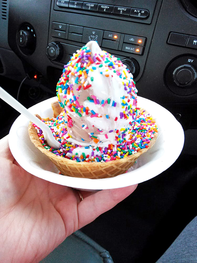 A waffle bowl paradise where sprinkles create a rainbow landscape around a mountain of vanilla soft serve.