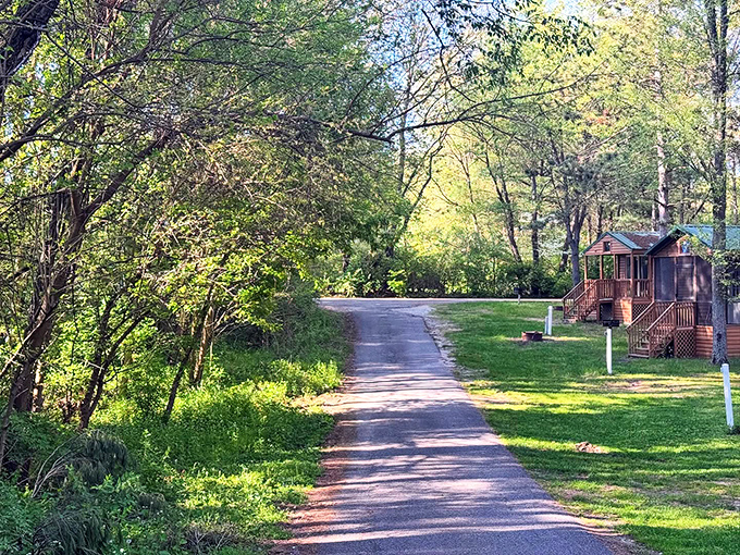 Tranquil pathways wind through wooded areas, offering peaceful retreats just steps away from town life.