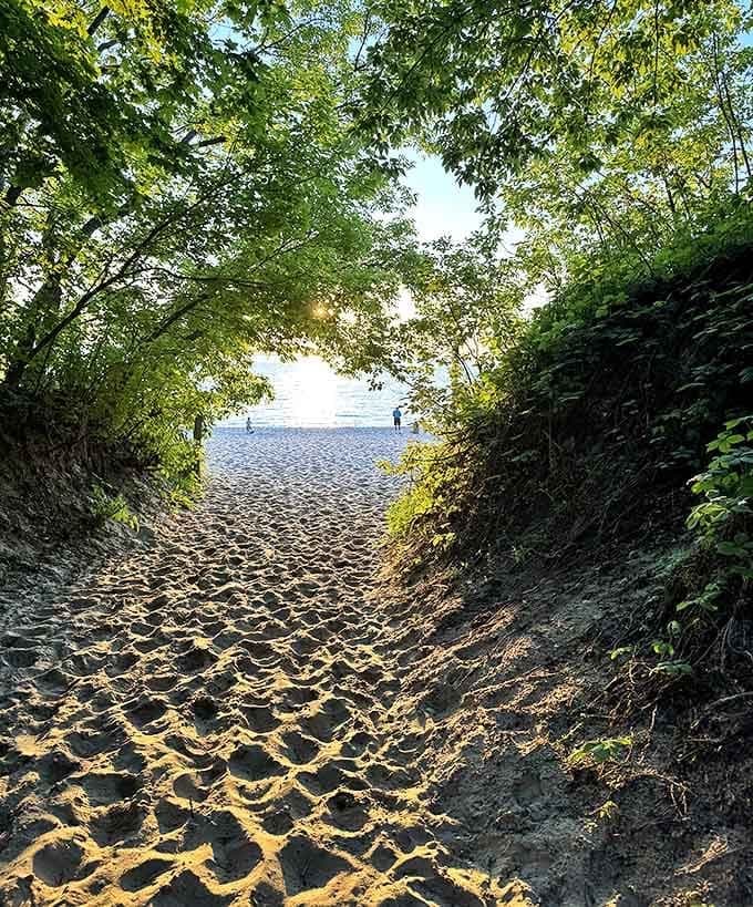 Nature's red carpet treatment &ndash; this sandy path through verdant greenery builds delicious anticipation for the lake view ahead.