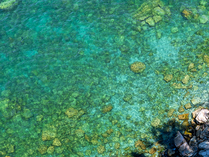 The water clarity rivals tropical destinations, revealing an underwater landscape of rocks and fallen trees in impossible shades of turquoise.