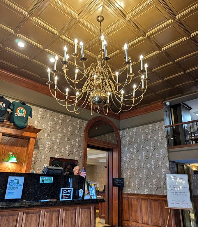 The magnificent chandelier in the lobby sets the tone for the hotel's blend of historic elegance and modern comfort.