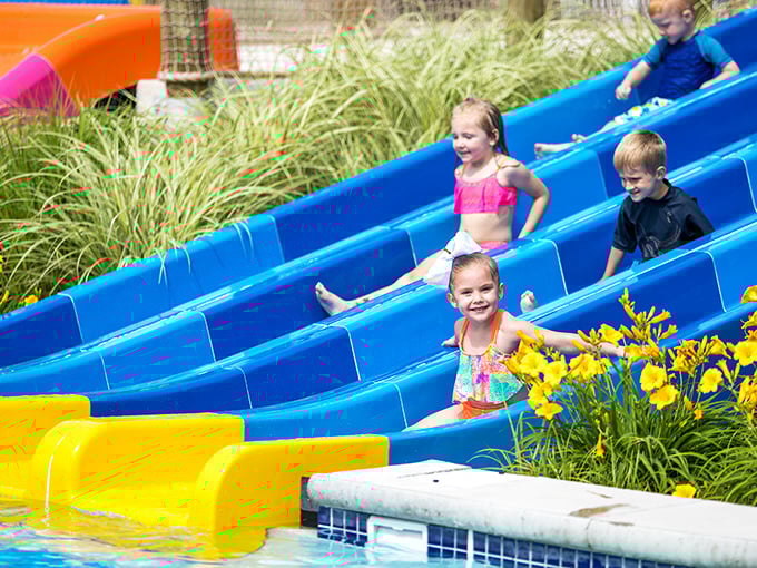 Children navigate the gentle slopes of colorful water slides, their faces showcasing that perfect mix of concentration and unbridled joy.