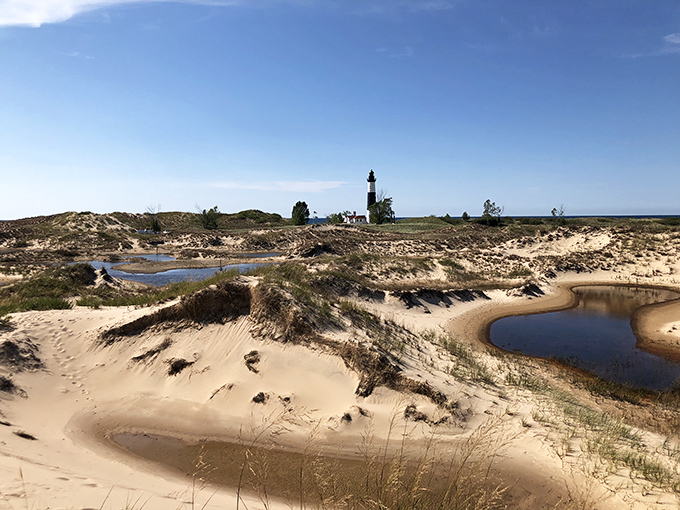 Sand dunes sculpted by wind and time create a desert-like landscape with the Big Sable Point Lighthouse standing as a distant exclamation point.
