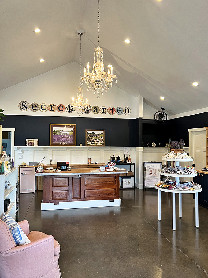The heart of the Secret Garden shop, where "Secret Garden" glows above a counter displaying nature's bounty transformed.