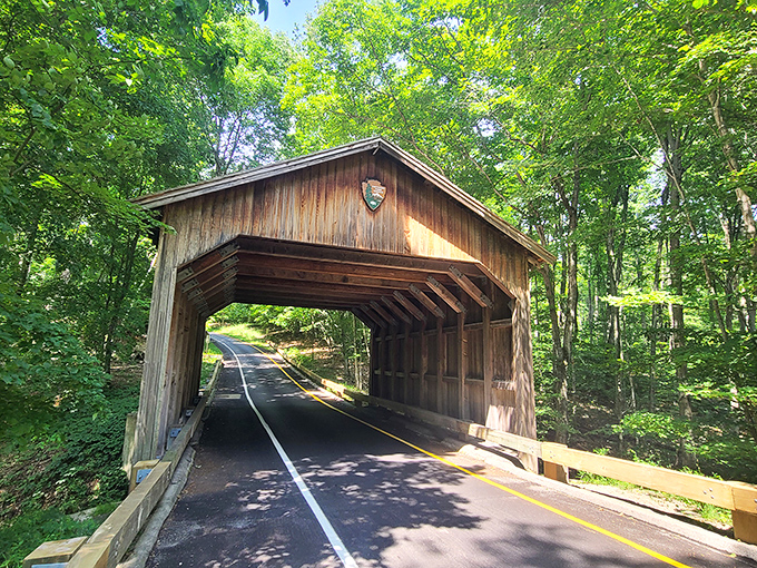 This isn't just any covered bridge &ndash; it's a portal between everyday life and the natural wonders waiting beyond, complete with dappled sunlight.
