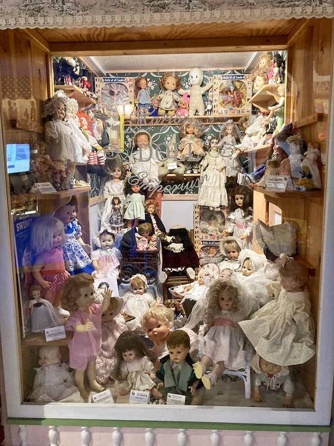 The doll museum showcases a hauntingly beautiful collection spanning decades. Each porcelain face tells a story of the children who once treasured them.