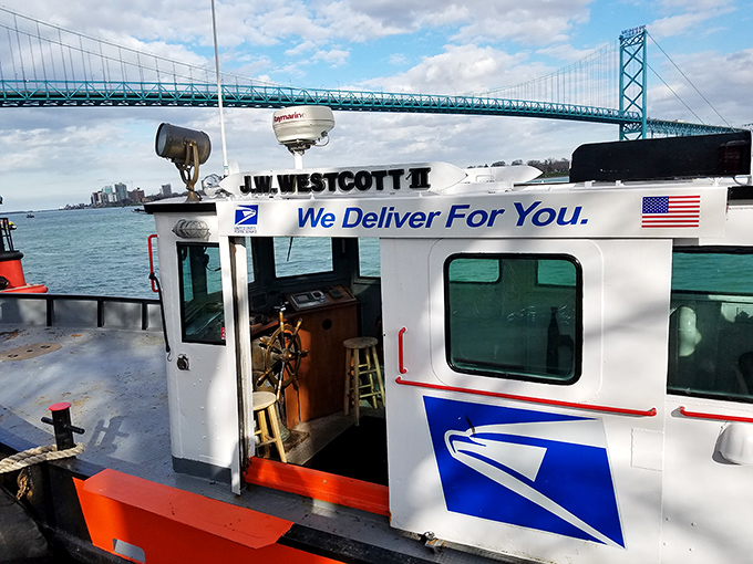 Step into my office! The entrance to the wheelhouse offers a glimpse into the boat's no-nonsense, all-business approach to mail delivery.