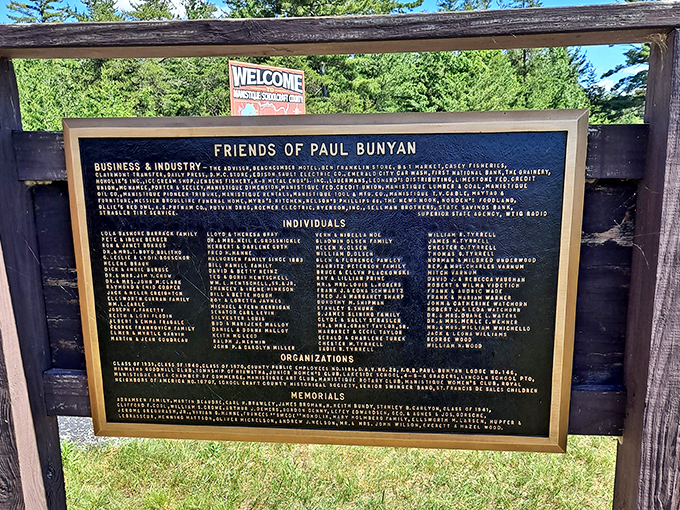 A plaque honors the "Friends of Paul Bunyan" who helped bring this larger-than-life legend to Manistique for generations to enjoy.