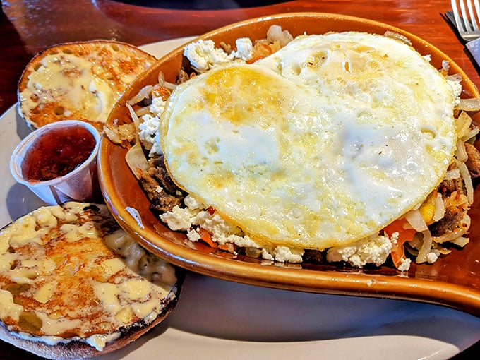 A skillet masterpiece where eggs, feta, and gyro meat create a breakfast symphony that hits every delicious note.