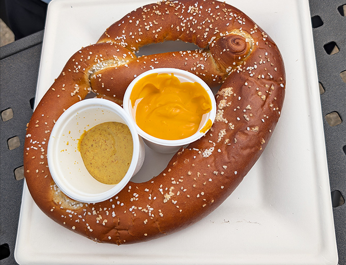 That pretzel isn't just any pretzel – it's the perfect chewy, salty companion to cut through the acidity of those crisp whites.