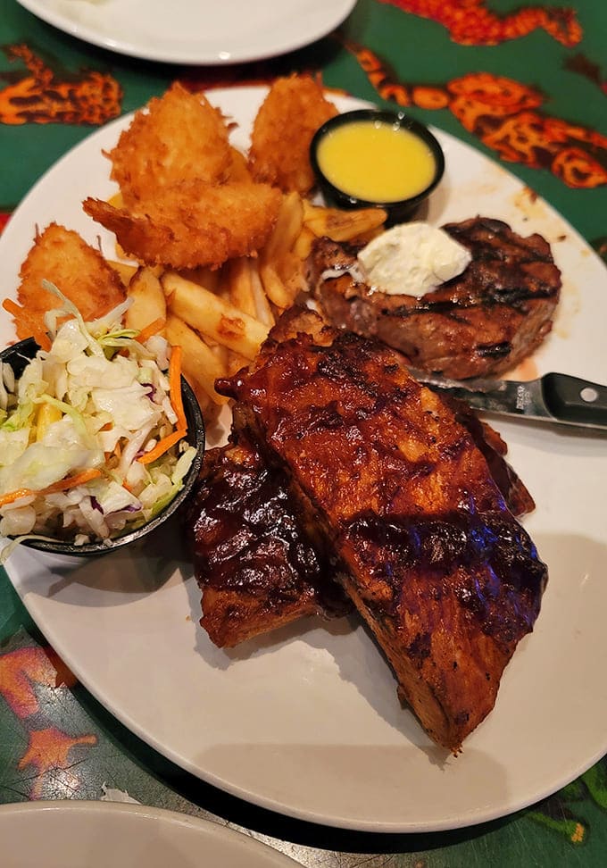 Ribs, shrimp, and steak create a protein trifecta that makes your taste buds forget they're in suburban Michigan instead of a tropical paradise.