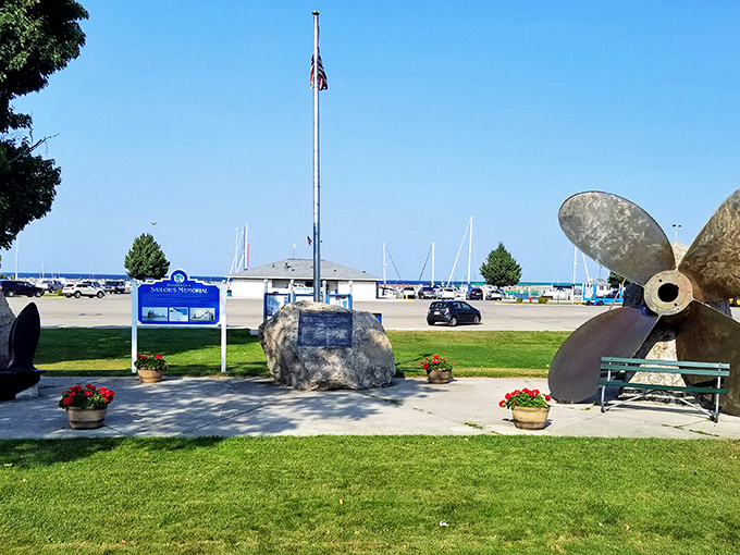 The Sailors' Memorial stands as a poignant reminder of Lake Huron's power, honoring those lost to these beautiful but sometimes treacherous waters.