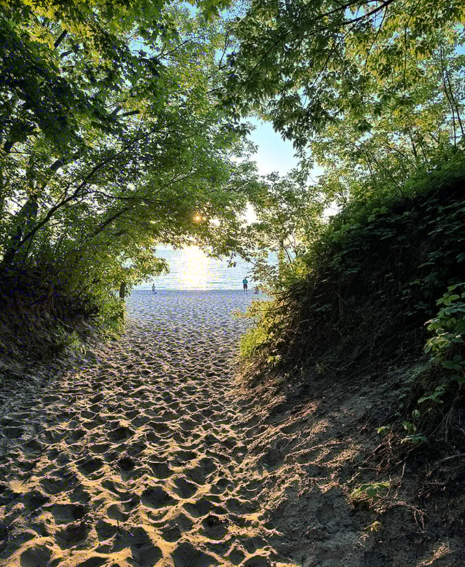 Nature creates the perfect entrance &ndash; a sandy pathway flanked by greenery that builds anticipation before revealing the breathtaking lake view.