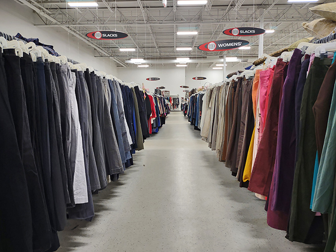 The men's department features an impressive collection of slacks stretching into the distance &ndash; a sea of possibilities for the fashion-conscious bargain hunter.