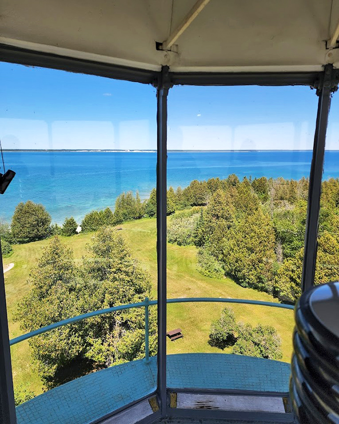 Climbing to the tower's summit rewards adventurers with breathtaking panoramic views of Lake Michigan's endless blue horizon.