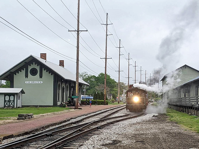 Like a scene from a storybook, the train approaches the station, each puff of smoke writing another chapter in railroad history.