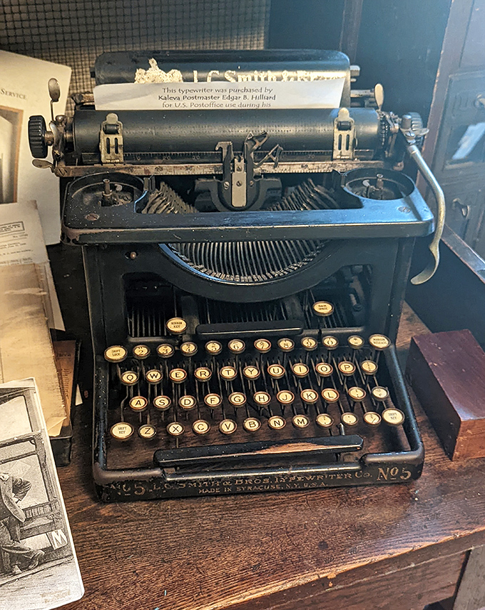 This L.C. Smith & Bros. typewriter, once used by Kaleva's postmaster, sits ready as if waiting for the next letter or important document.