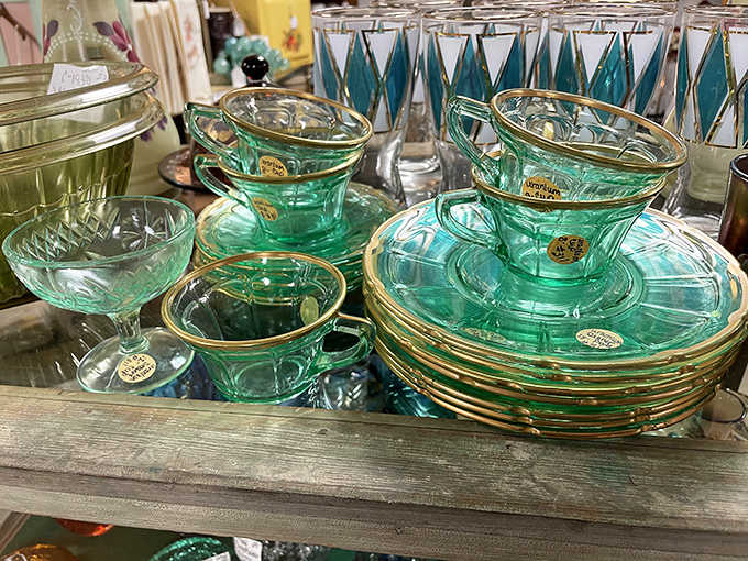 Turquoise glassware with gold trim catches the light like edible jewelry, making every meal feel like a special occasion worth celebrating.