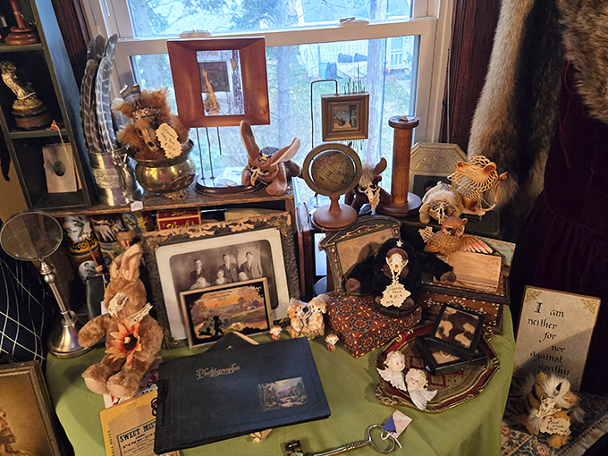 Layer upon layer of history creates this mesmerizing vignette where globes, skulls, and vintage photographs compete for attention.