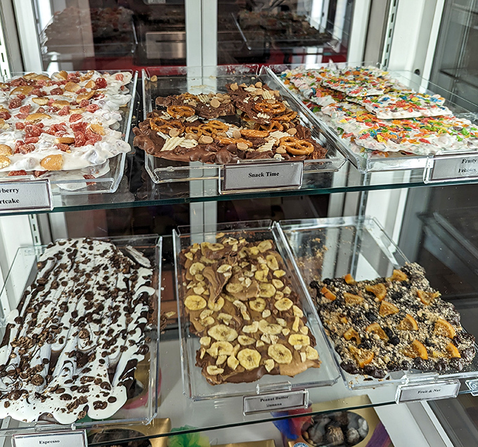 Chocolate bark loaded with enough toppings to make a candy store jealous, because subtlety is overrated anyway.