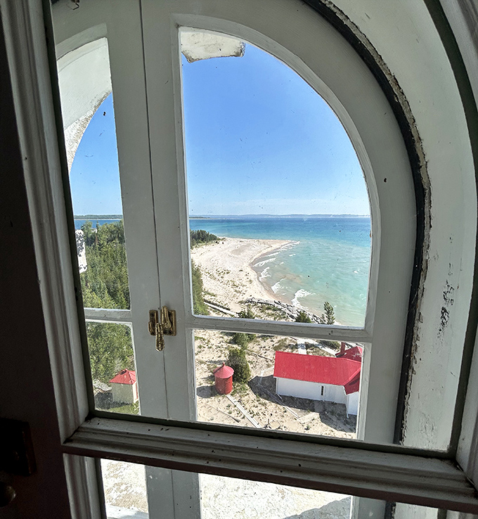 View from lighthouse window: The lighthouse keeper's television&mdash;a constantly changing panorama of shoreline, dunes, and water that no Netflix series could ever match.