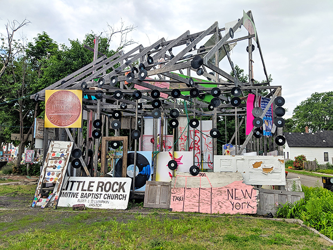 Vinyl records create a musical skeleton for this wooden structure, like a clubhouse designed by teenagers from another dimension.