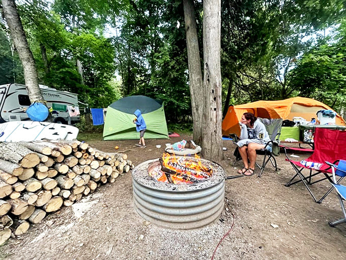 Campfire dreams: Modern adventurers create their own stories beneath ancient trees, the circle of flames echoing industrial furnaces of the past.