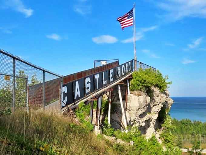Castle Rock's weathered sign stands atop a limestone outcropping near St. Ignace. This natural formation offers some of the best views in the Upper Peninsula.