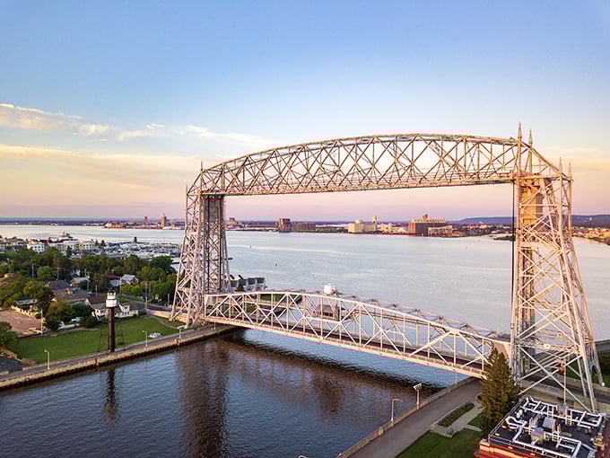 The Aerial Lift Bridge frames Duluth's harbor like a massive industrial picture frame, engineering and nature finding perfect harmony in this iconic structure.