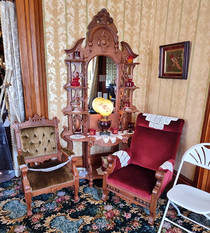 Victorian seating arrangements that somehow manage to look both inviting and slightly uncomfortable at the same time.