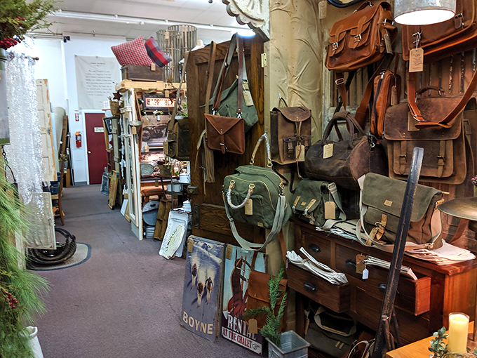 Vintage leather satchels and handcrafted bags hang in patient rows, each one ready for a new adventure with its next owner.