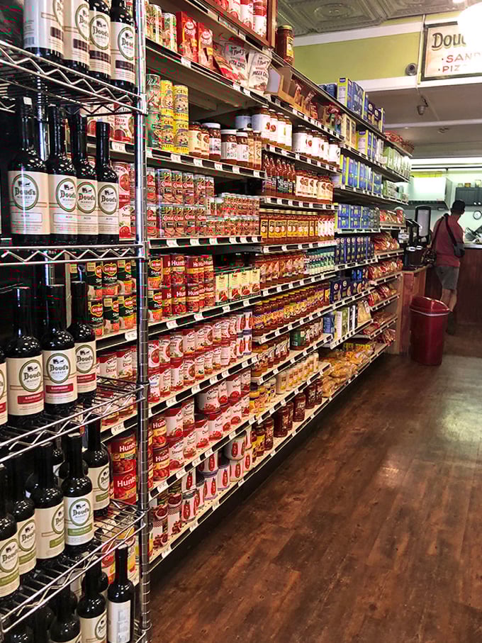 Neatly organized shelves reveal the surprising variety packed into this historic space, where Michigan-made products share space with pantry essentials.