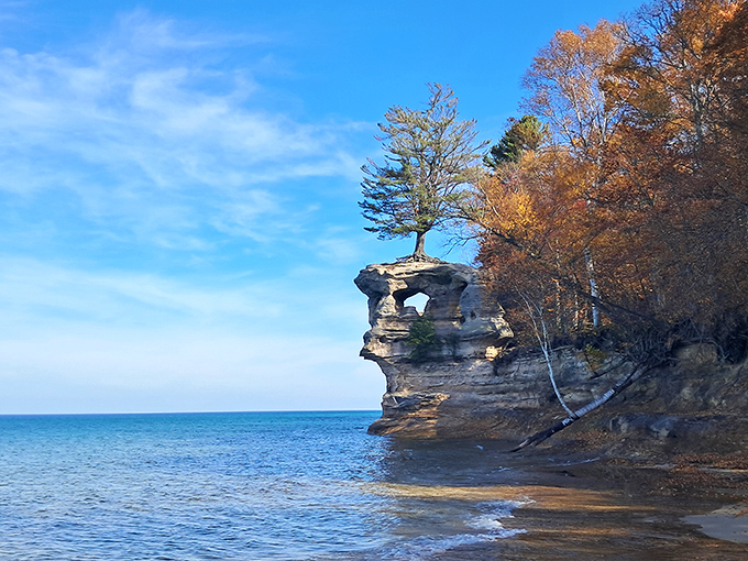 Chapel Rock stands defiantly separate from the mainland, connected only by the determined roots of a single pine tree.