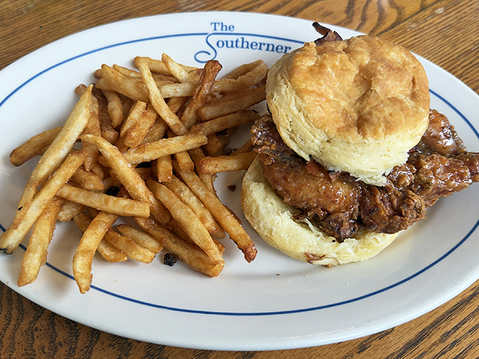 The chicken sandwich elevates comfort food to art form &ndash; crispy fried chicken nestled in a pillowy biscuit with just the right accompaniments.