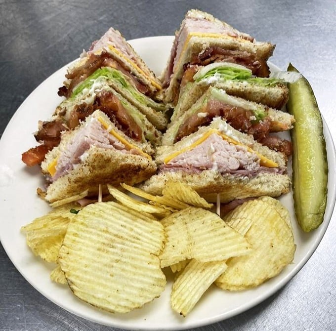 The club sandwich &ndash; a triple-decker architectural marvel with layers of meat, cheese and veggies, escorted by crispy chips and a pickle sentinel.