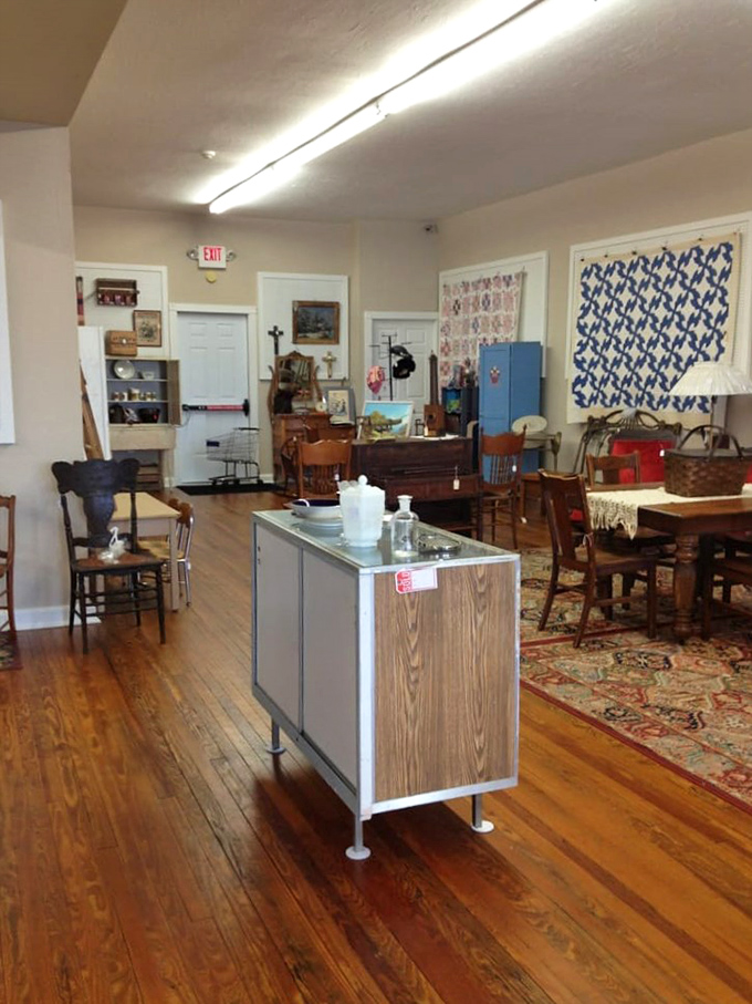 Carefully arranged furniture vignettes invite you to imagine these pieces in your own home &ndash; that vanity has stories to tell!